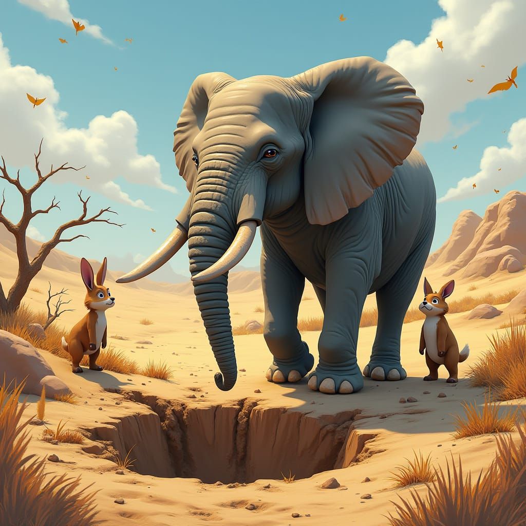 Majestic Elephant Digs Well in Vibrant Fantasy Lan... - AI Art