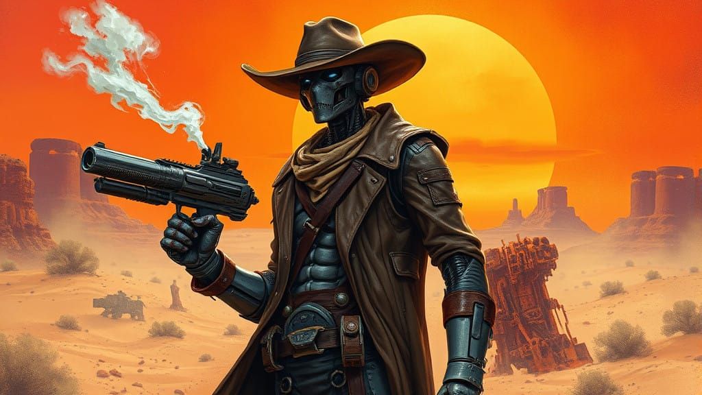 Futuristic Cowboy Android Stands Tall in Desert La... - AI Art