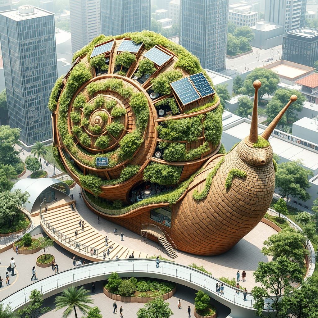 Colossal Snail Hub with Spiraling Garden, Miyazaki... - AI Art