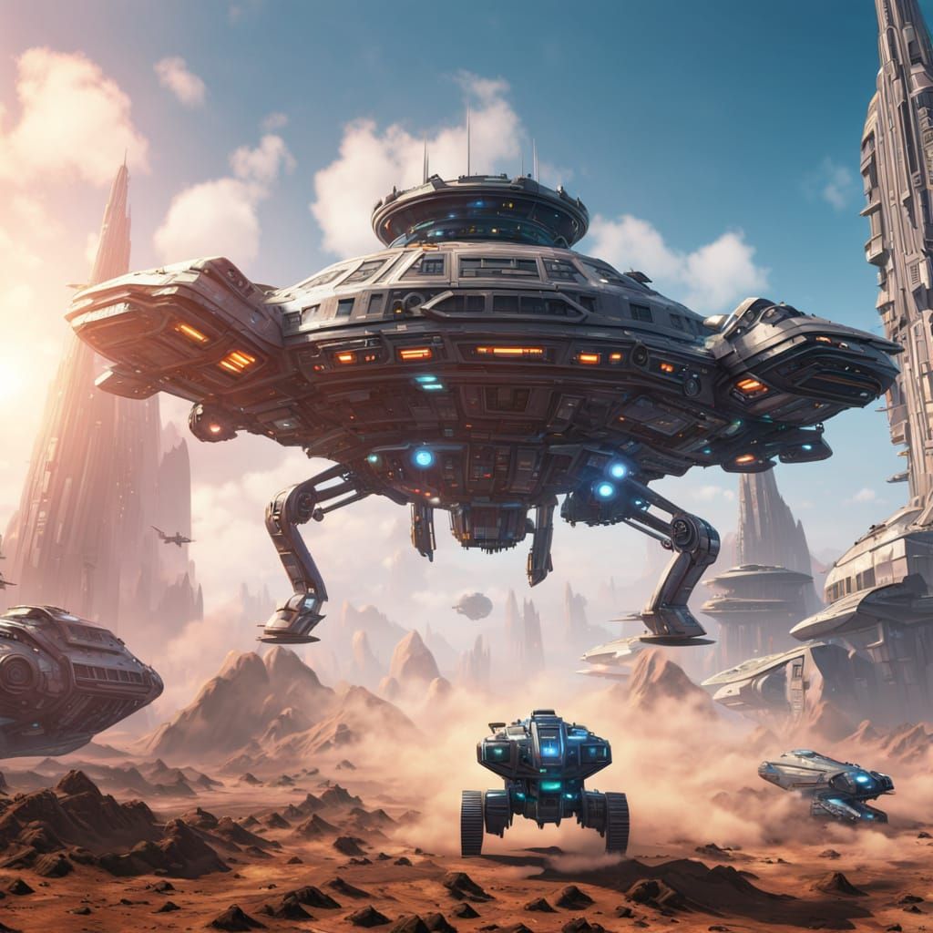 Sci-fi alien spacecraft landing on a giant robotic infested planet. Big ...