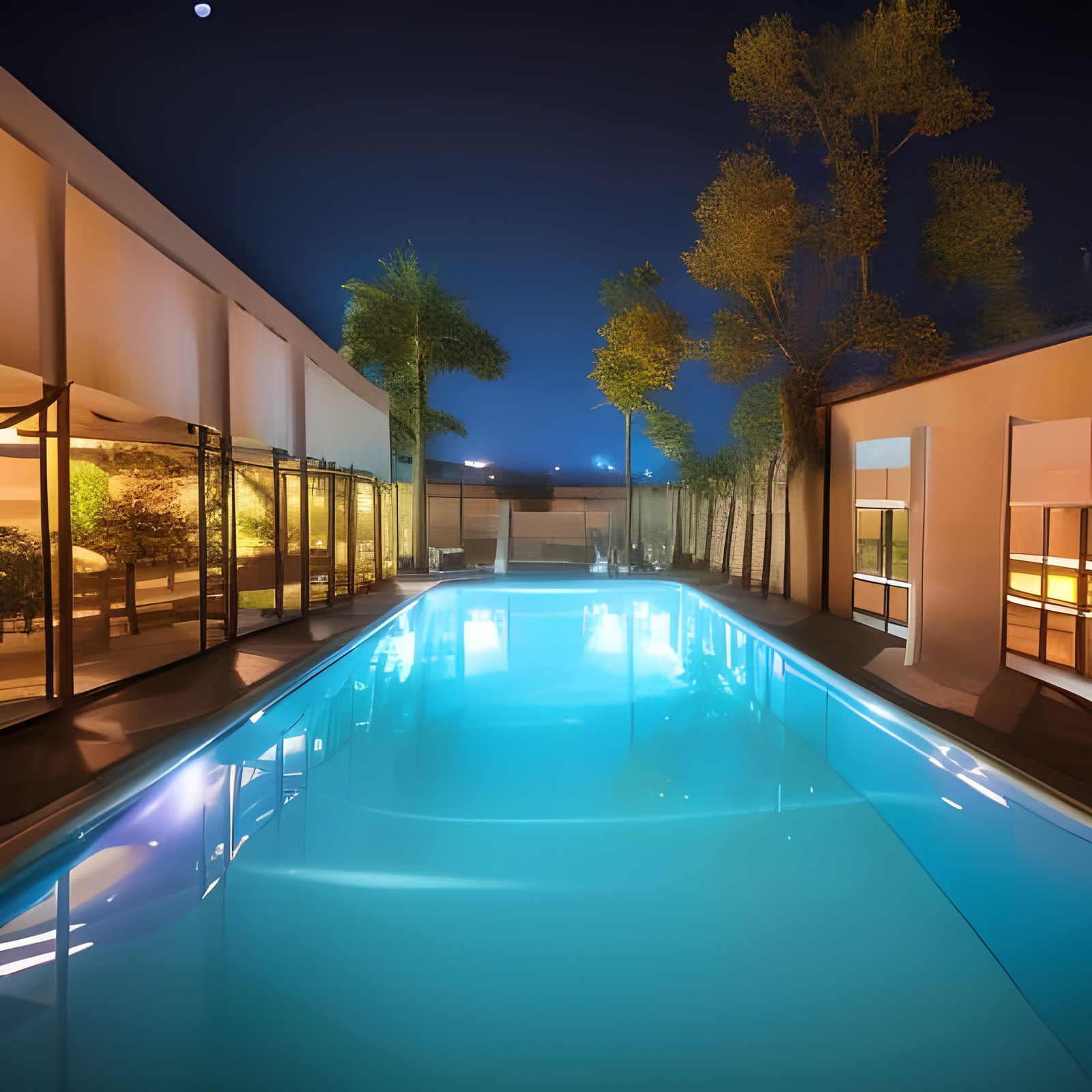 An image of a swimming pool at night, with the water reflecting the ...