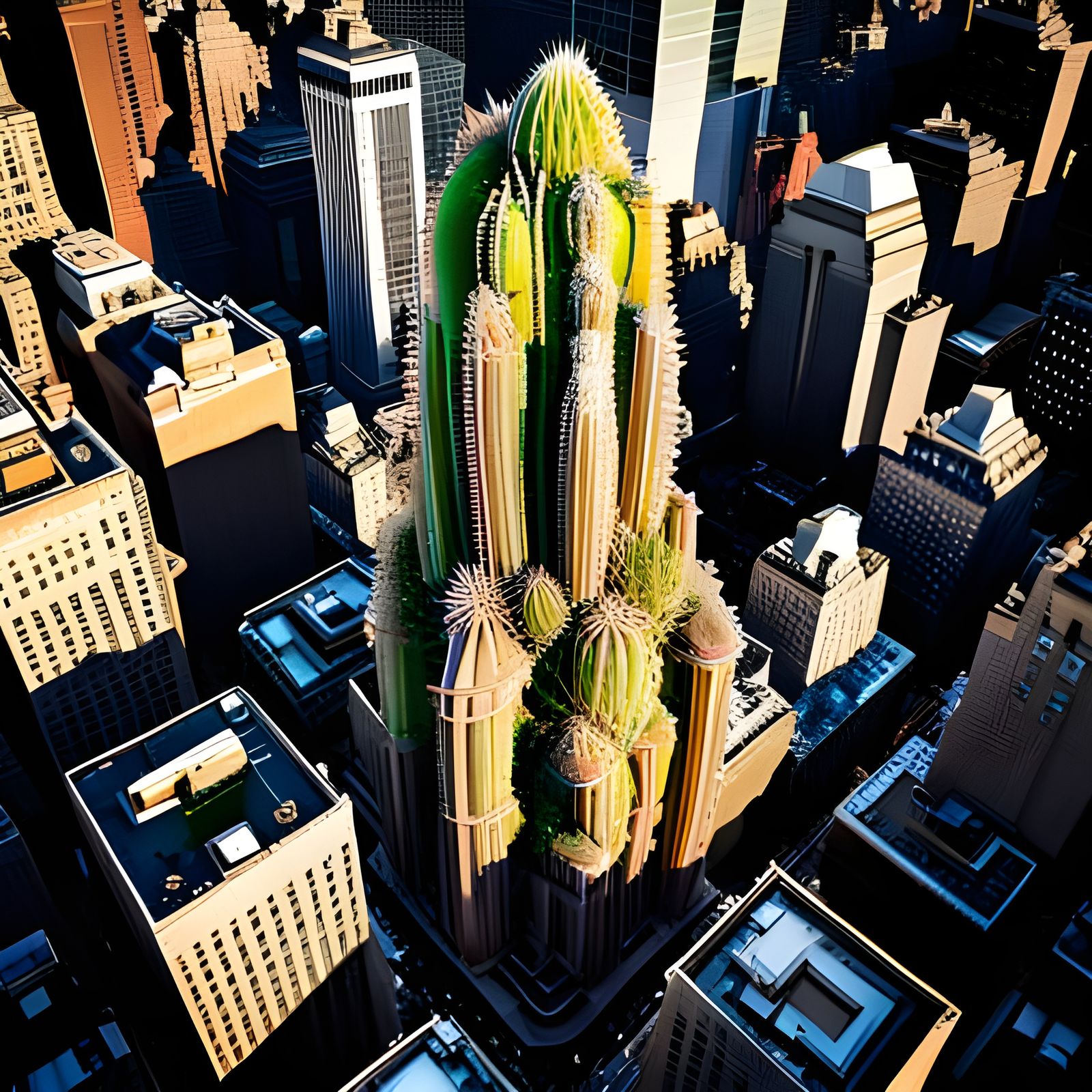 new york city skyscrapers built out of cactus, cityscape, wide-angle ...