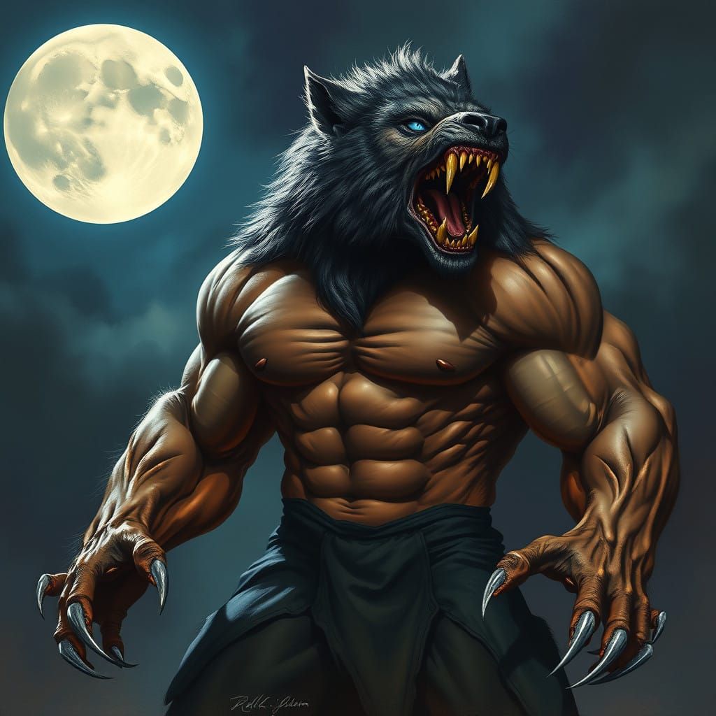 Werewolf Bodybuilder Stands Under Glowing Full Moo... - AI Art
