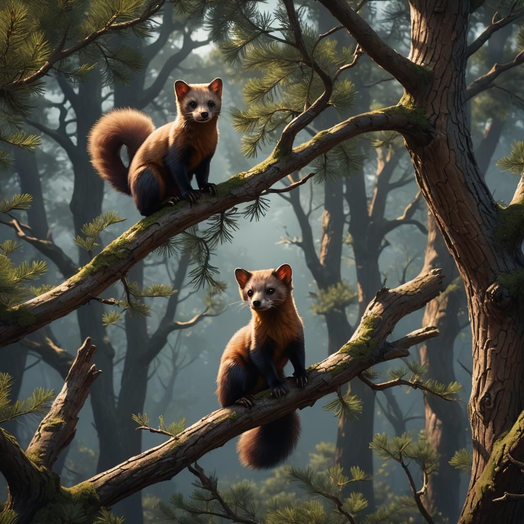 Realistic Pine Marten in a Tree, Detailed Fantasy ... - AI Art