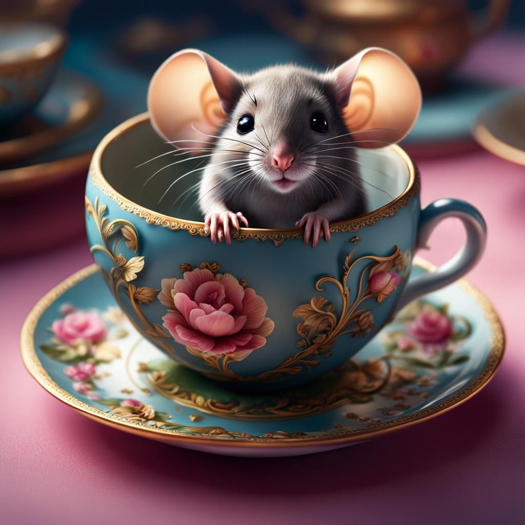 An adorable little mouse peeking out of a a sweet quaint little teacup ...