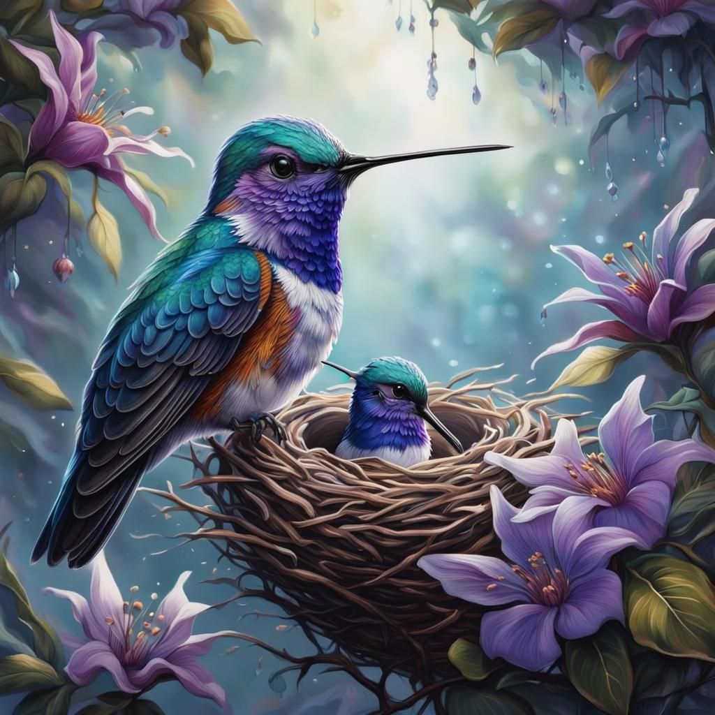 Hyperrealistic anime-style_adorable blue and purple hummingbird in a ...