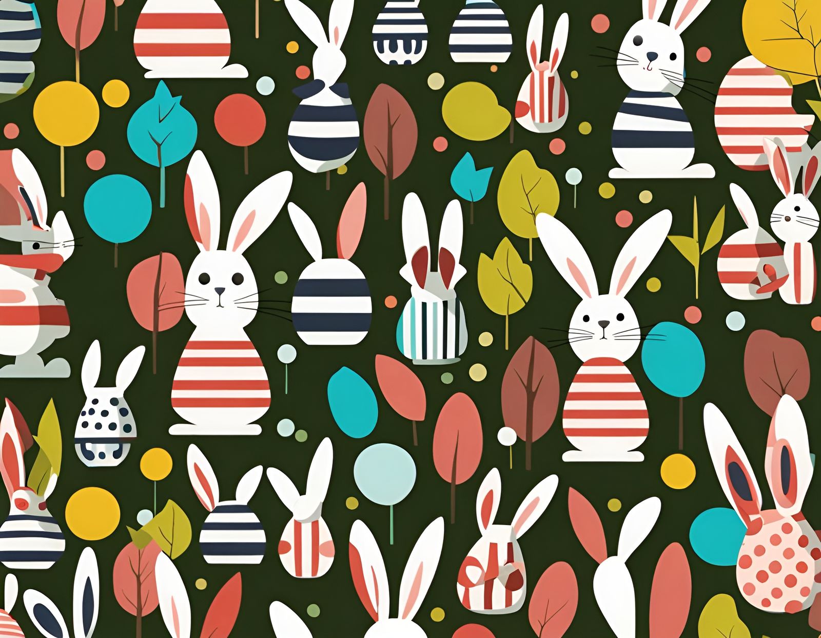 bunnies in the forest, funky pattern, polka dots, stripes, retroism ...