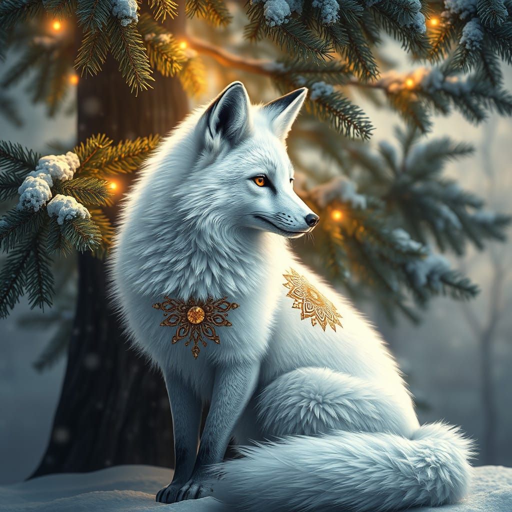 Beautyful White Fox decorated with christmas tattoo, sitting under an ever...