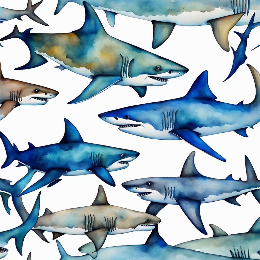Watercolor of Sharks swimming peacefully in azure blue water - AI ...