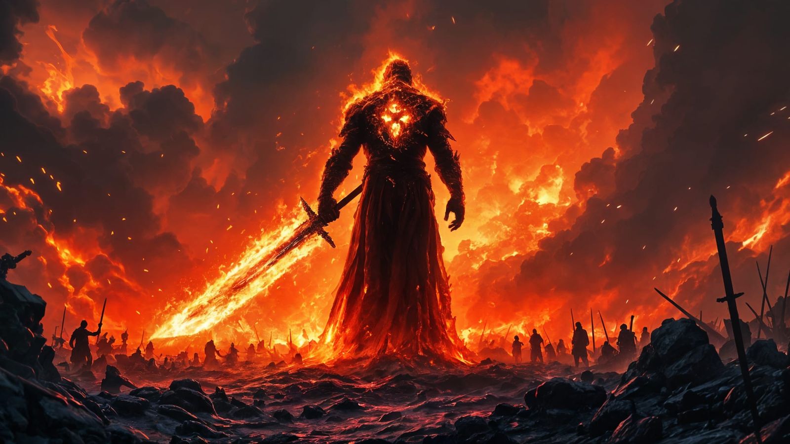 Fire Elemental Sword - Epic Dark Fantasy Warrior Wields Fier...