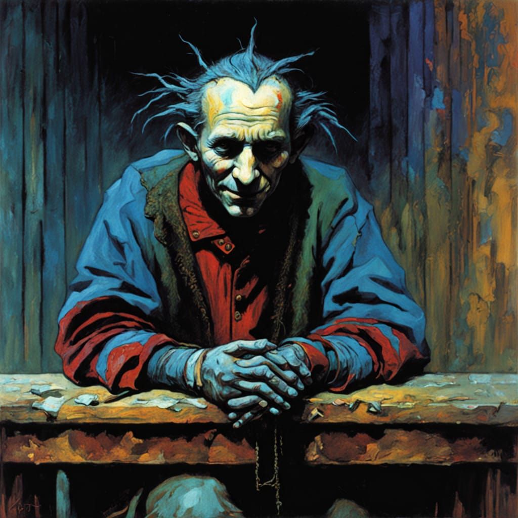 A surreal closeup creation of a jester sitting and crying heart broken ...