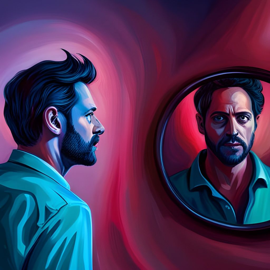 A man looking in a mirror a reflection of the devil looking back at him ...