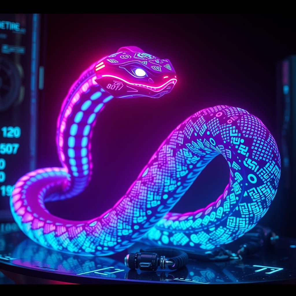 Year of the Snake - Glowing Futuristic Serpent in Neon Splen...