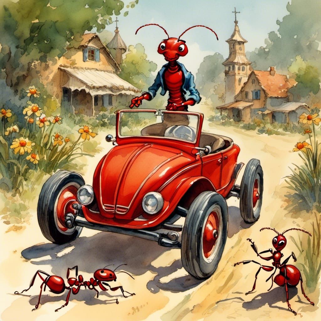A big red ant attired as a Don Juan driving a jalopy to the drive inn ...