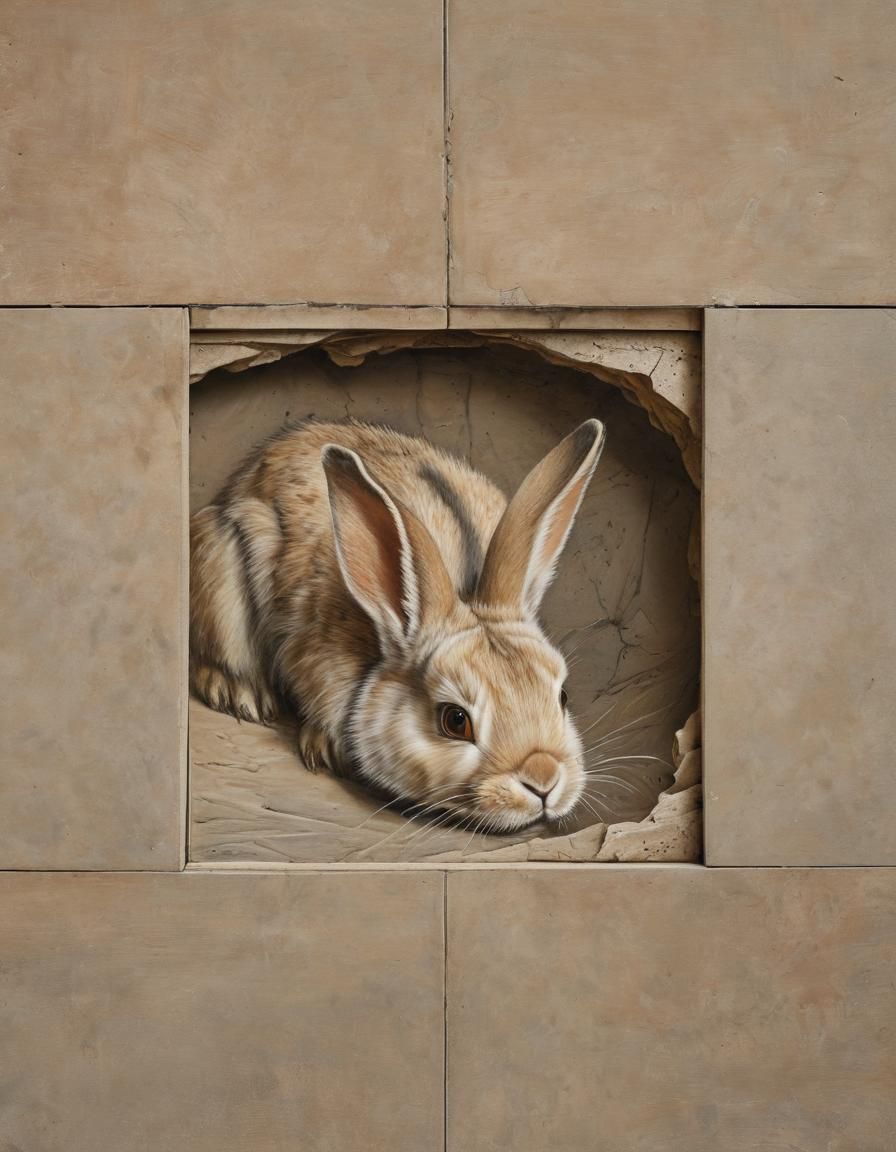 a dry pastel chalk tromple-l'oeil drawing of a rabbit in a hole - AI ...