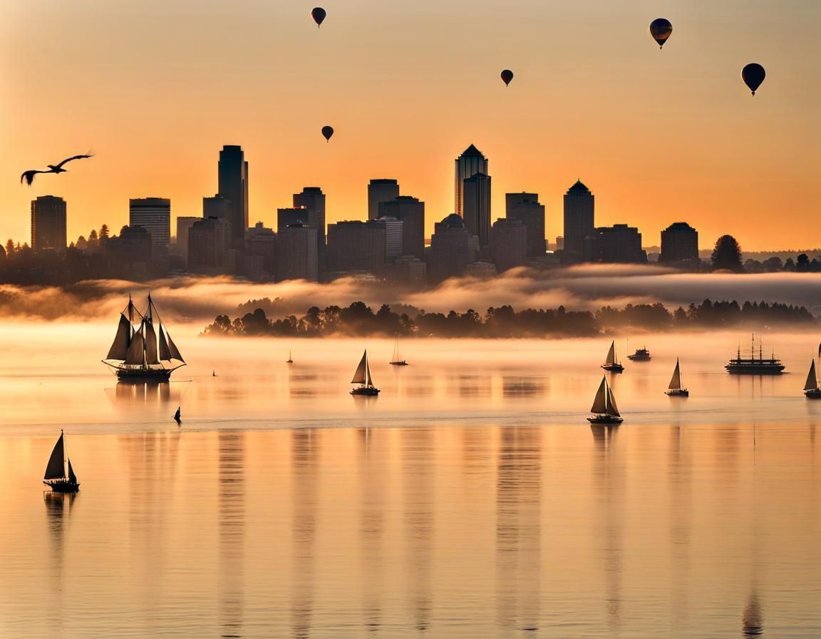 A silhouette of the Seattle city skyline at early sunrise as seen from ...