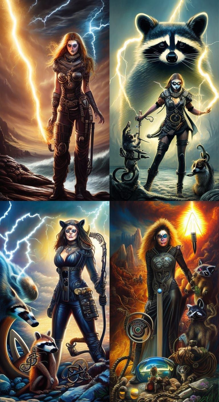 post-apocalyptic-chaotic-warlock-raccoon with magical-lightning on a ...