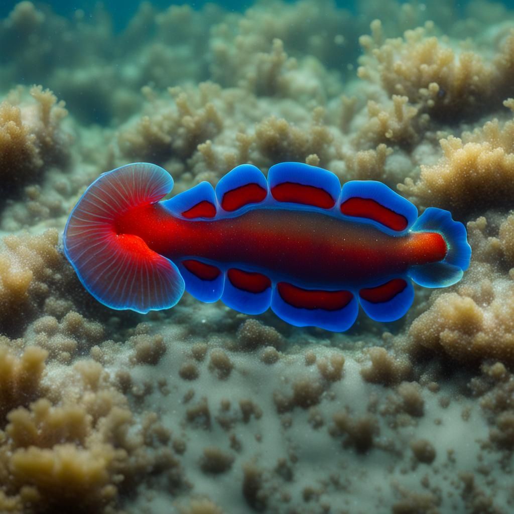 A iridescent transparent blue-red bordered flatworm swimming in the ...
