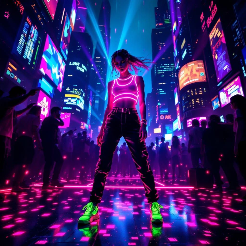 Woman in Cyberpunk Rave Outfit Dancing in Neon-Lit... - AI Art