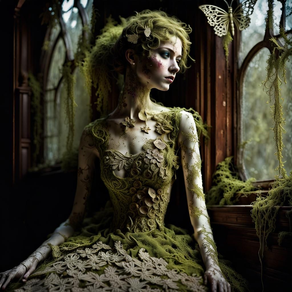 a rotting forgotten broken mannequin, covered in delicate filigree ...