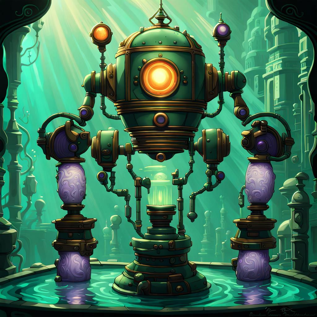 Bioshock_a robot butler in A glowing underwater biopunk world ...