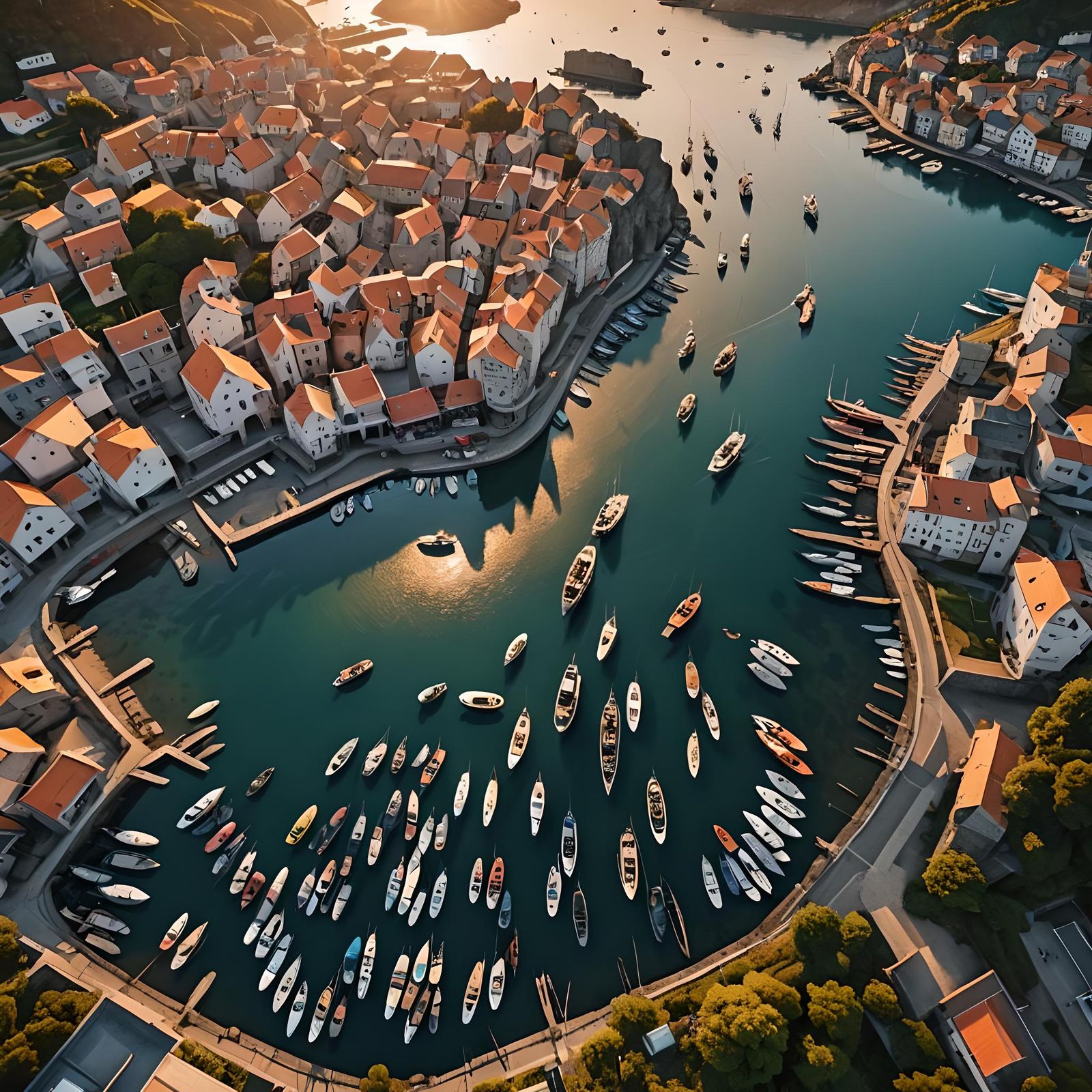Drone view of a fantasy harbour full of boats. Beautiful landscape ...