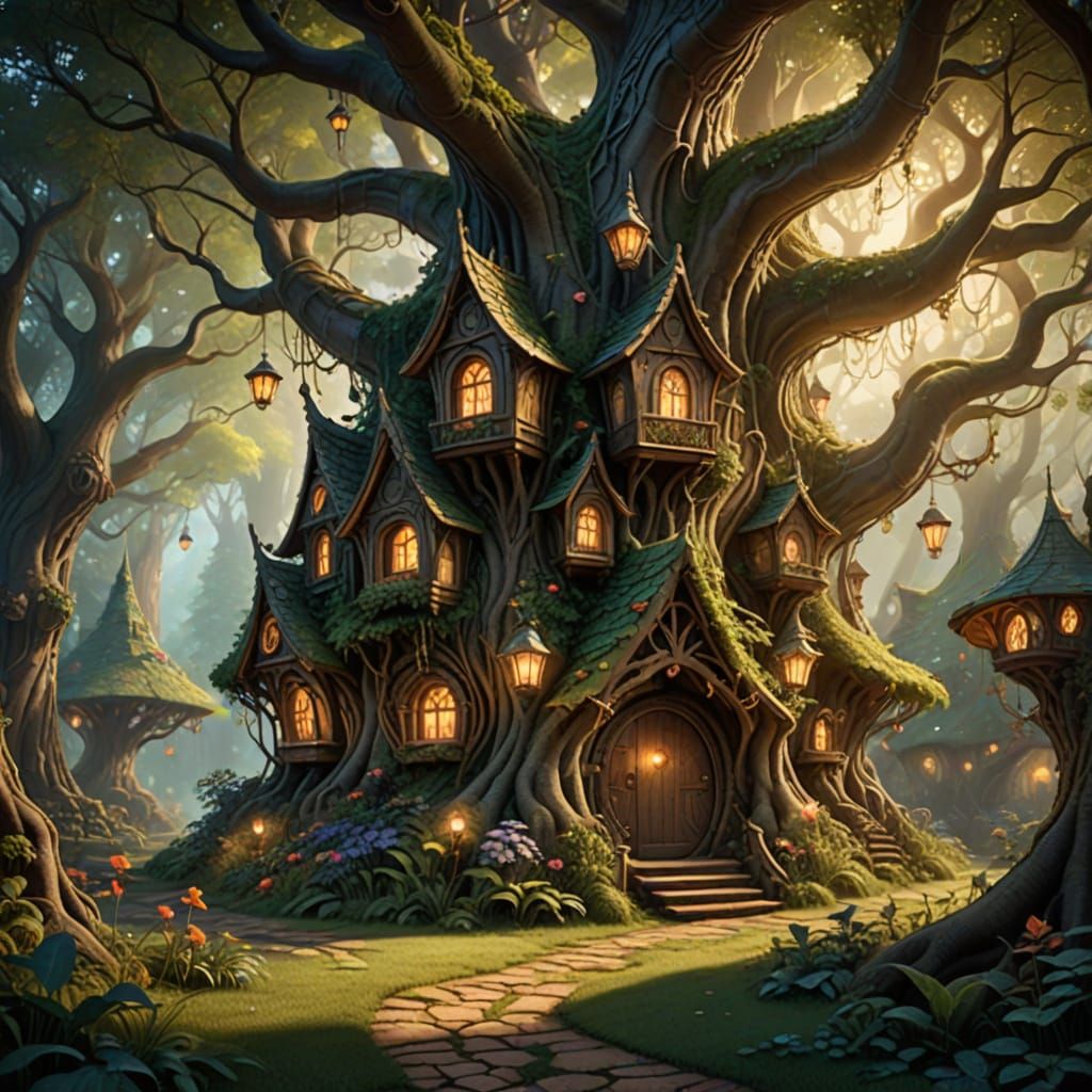 Whimsical Elves in an Ancient Oak Treehouse Villag... - AI Art