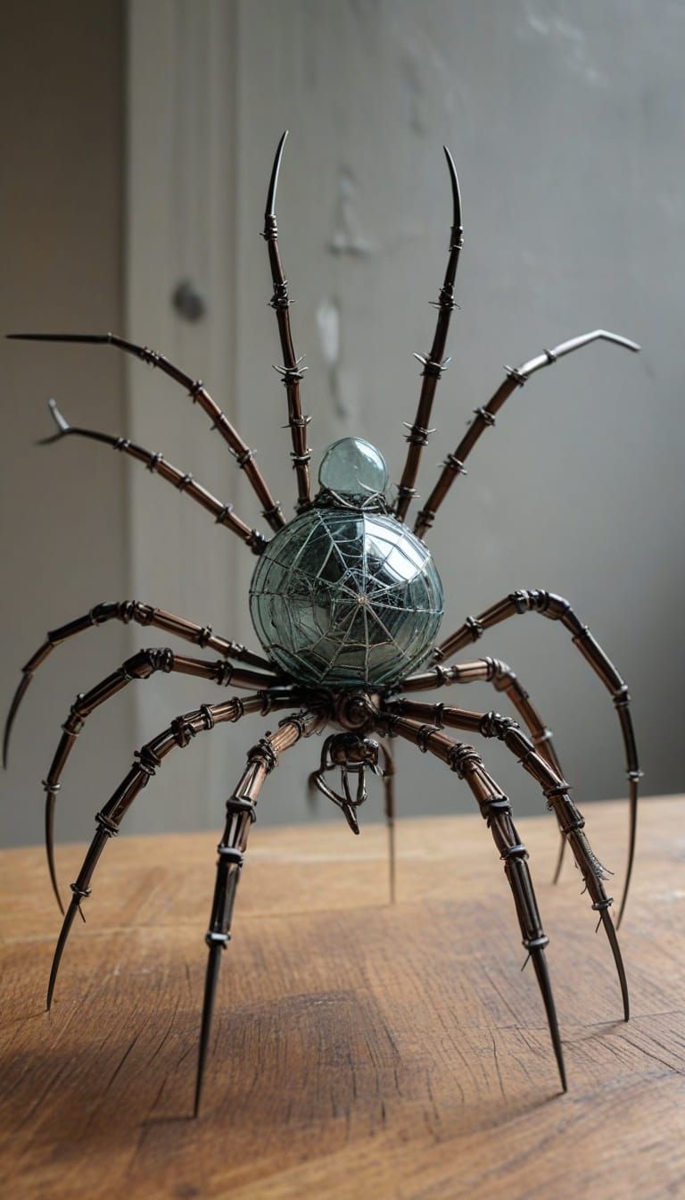 Glass Metal Wood Fusion Spider Sculpture - AI Art