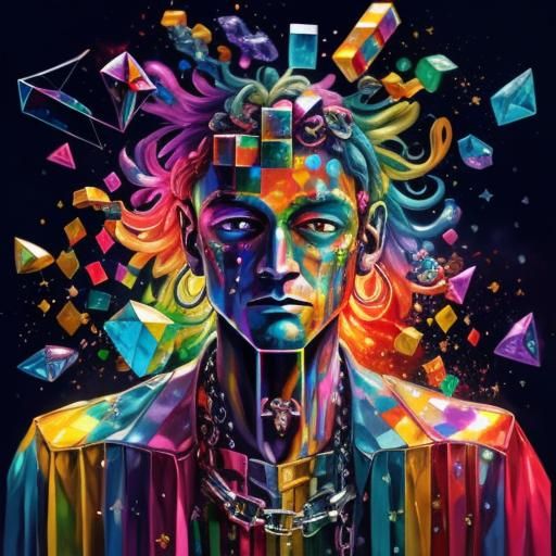 a floating human brain creating cubes and prisms with magic in rainbow ...