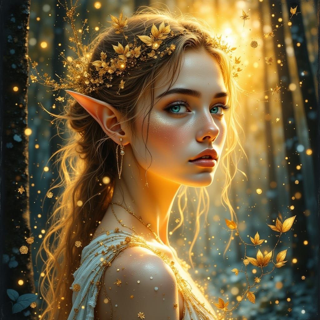 Golden Forest Elf with Leaf Crown and Blue Eyes