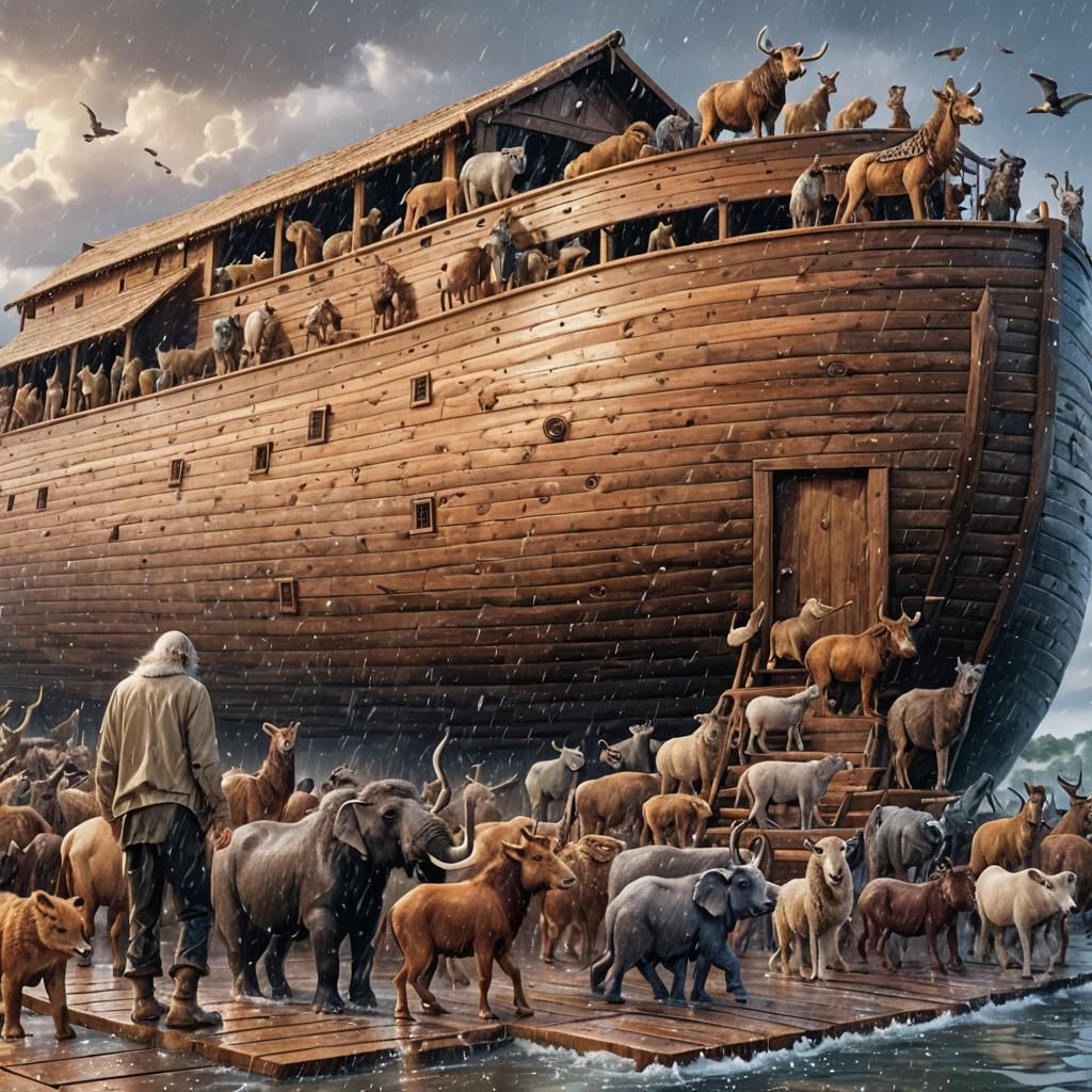Animals Boarding Noah's Ark in Gentle Rain - AI Art