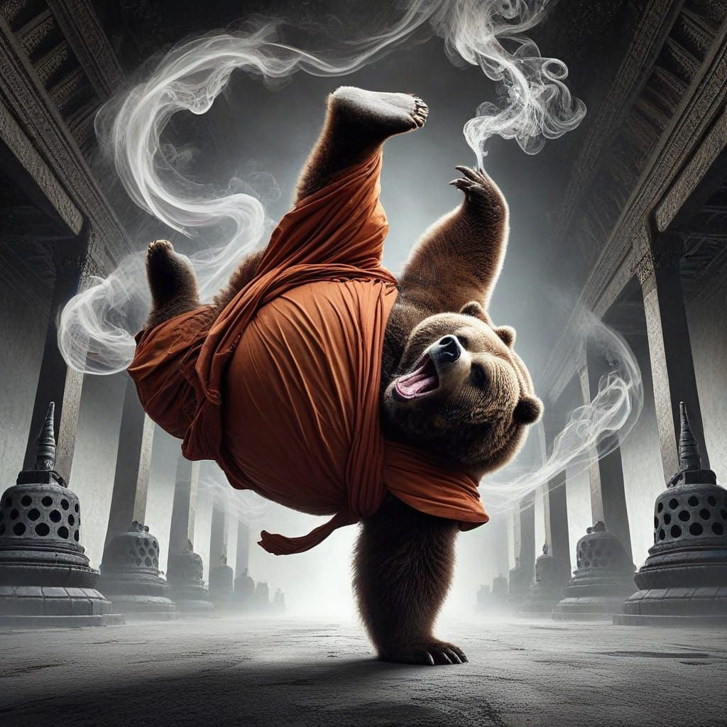 Majestic Exaggerated Grizzly Monk in Handstand Pos... - AI Art