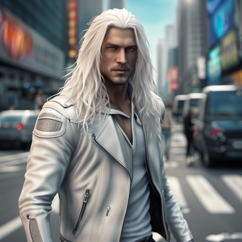 190 cm tall men white long hair black eyes fit body wearing leather ...