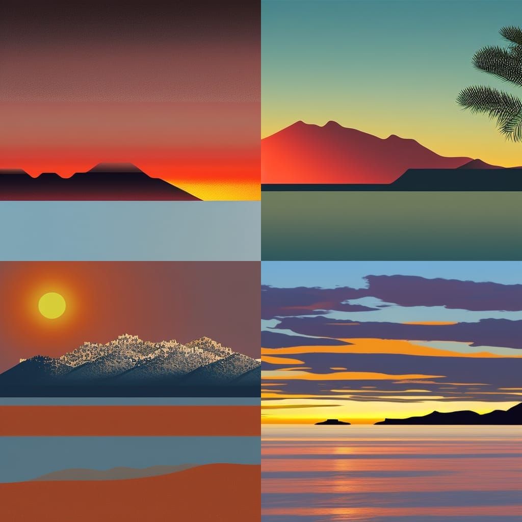 sunset over low coastal mountains, graphic illustration, minimalist ...