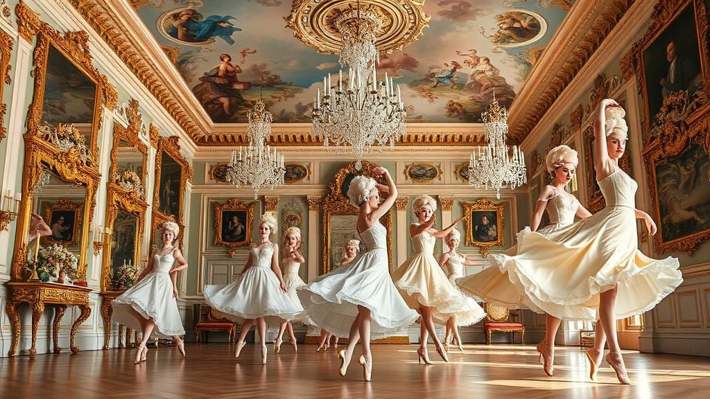 Rococo Ballroom Scene with Whimsical Dance - AI Art