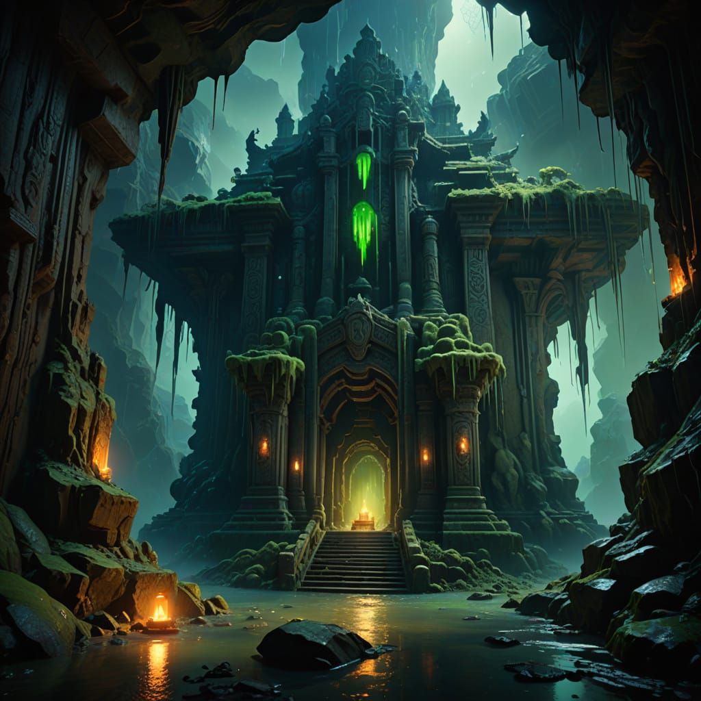 Ethereal Underground Temple in a Deep Cavern - AI Art