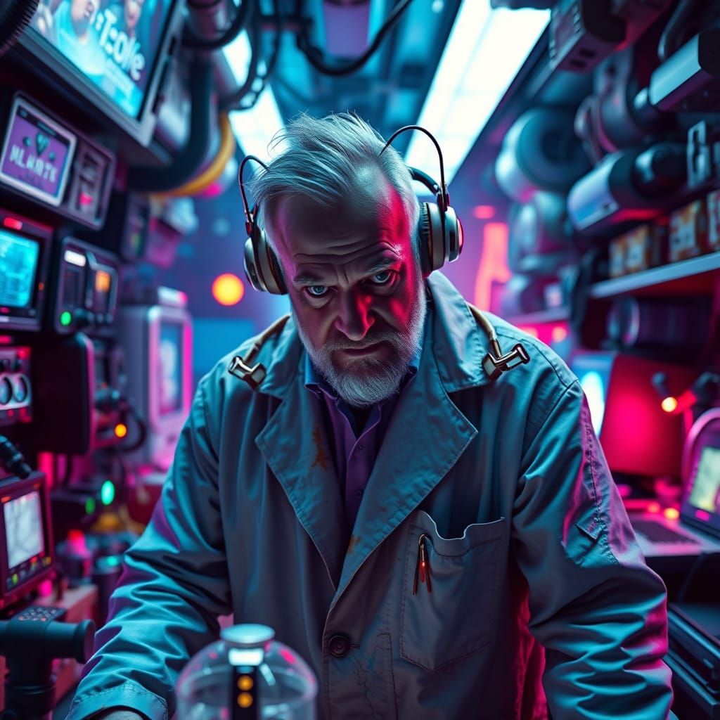 Cyberpunk Mad Scientist's Lab in Dystopian Grit - AI Art