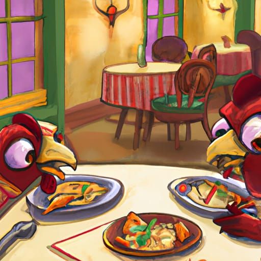 Perplexed chickens eat ravioli in a restaurant. By artist "Sarah Sammis ...