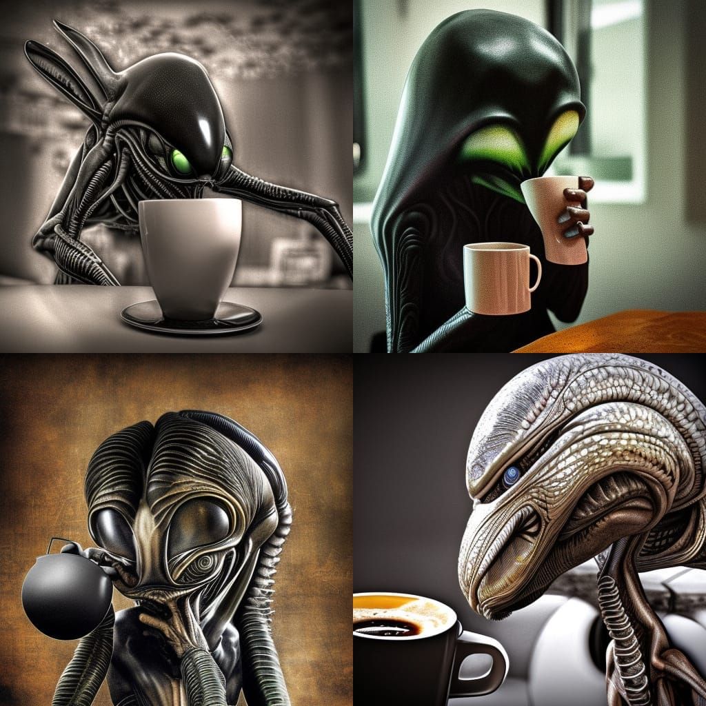 Alien drinking coffee (Striking) - AI Generated Artwork - NightCafe Creator