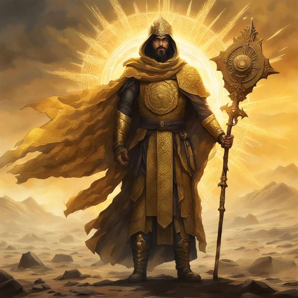 Sun God Acolyte Radiates Strength in Tattered Gold... - AI Art