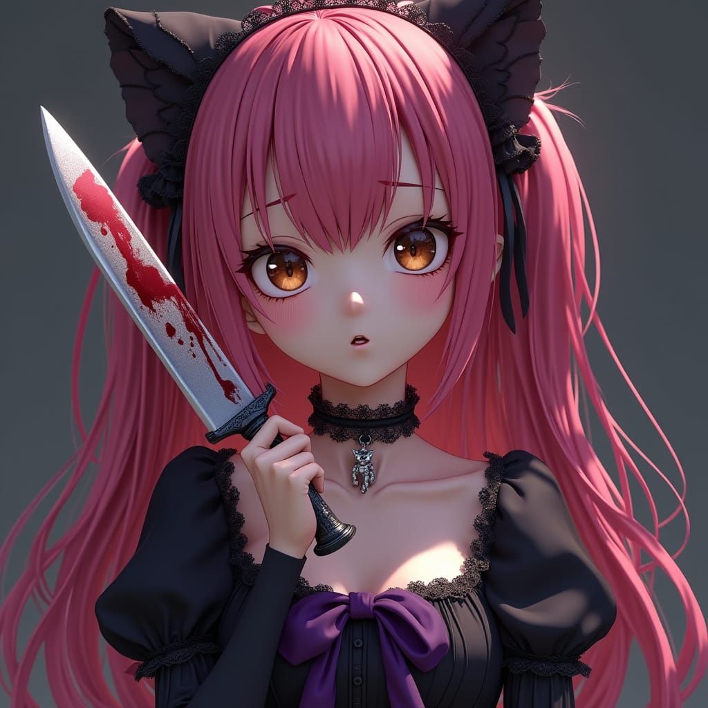 Dark Yandere Girl with Pink Hair and Knife in Vict... - AI Art