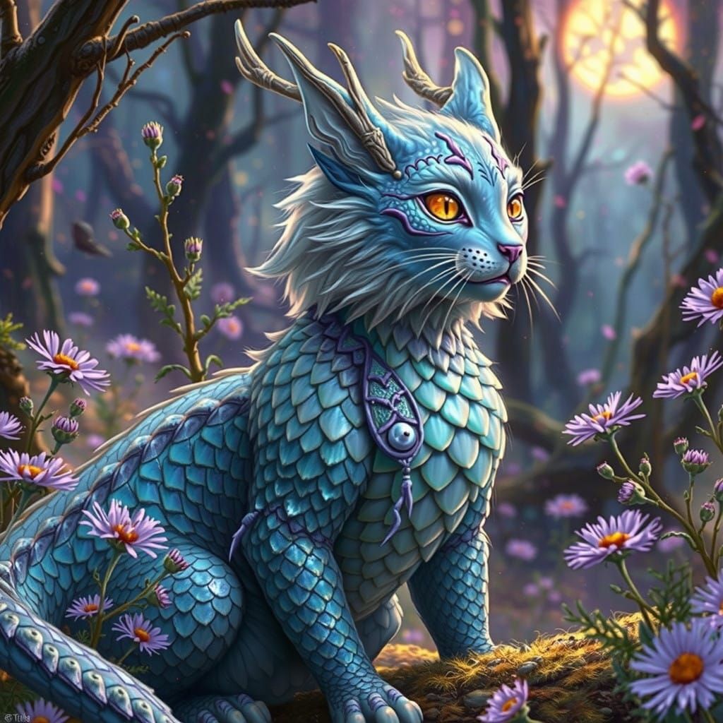 Majestic Dragon-Cat Amidst Winter Aster Field - AI Art