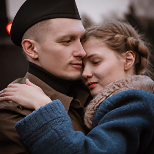 A warm embrace between lovers, a Soviet soldier hugs his wife after the ...