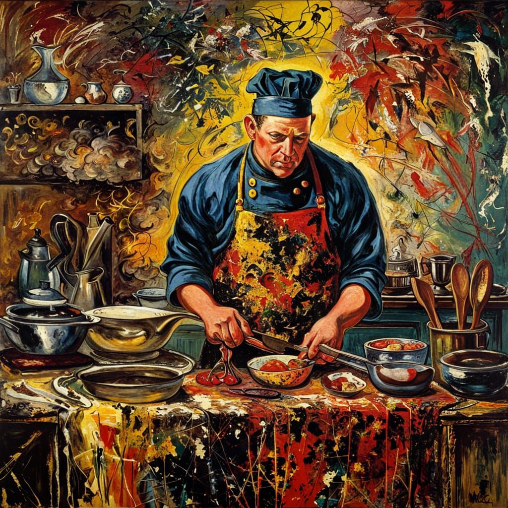Jackson Pollock chef in a kitchen, the culinary arts, creating visually ...