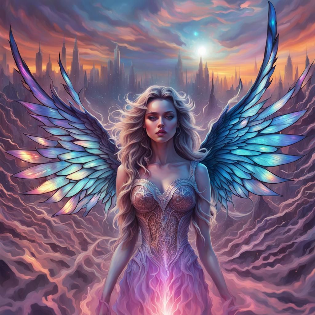 broken shattered heart with demon and angel essences trickling from cracks, smoky liquid mists ...