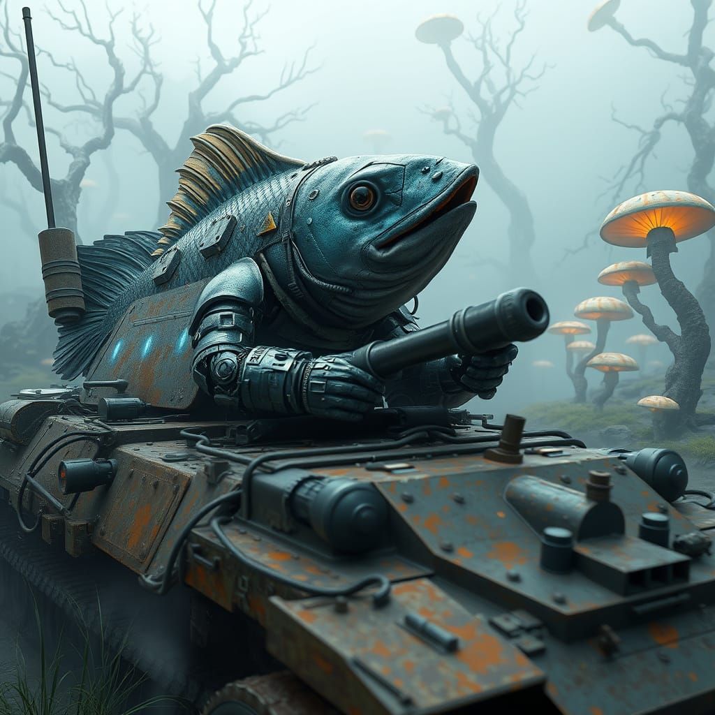 A fish driving a military tank - Cyberpunk Fish Tank Command...