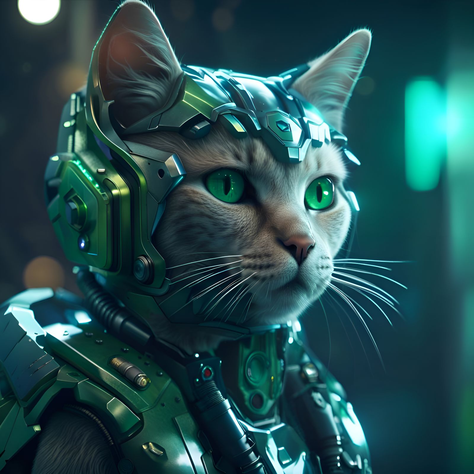 A cat wearing a mech armor sci-fi like, futuristic look, highly ...