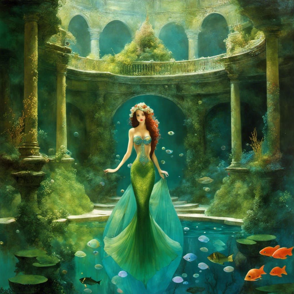 A gorgeous mermaid princess inside a lush underwater palace by Richard ...