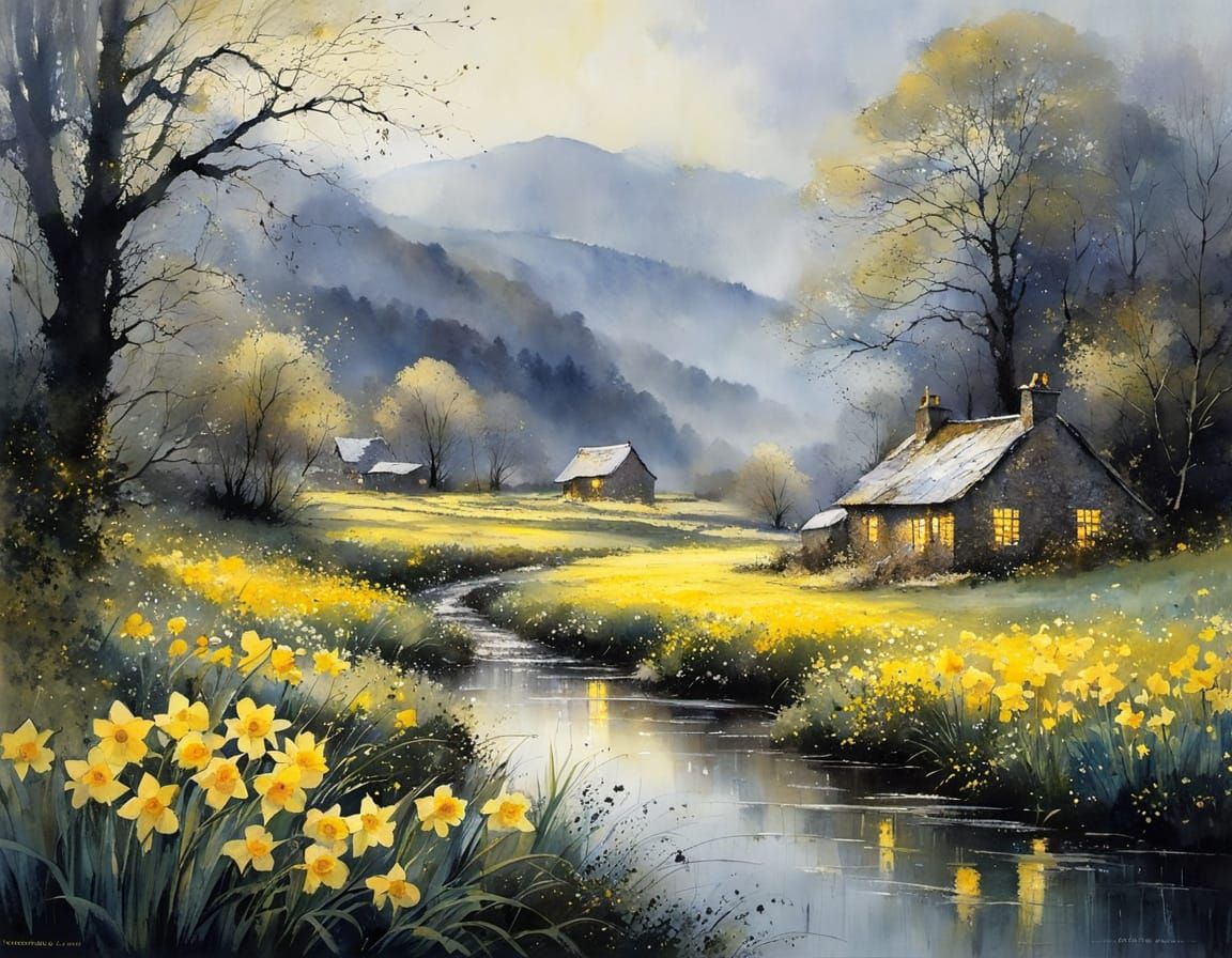 Mystical Daffodil Valley in Morning Light, in Intr... - AI Art