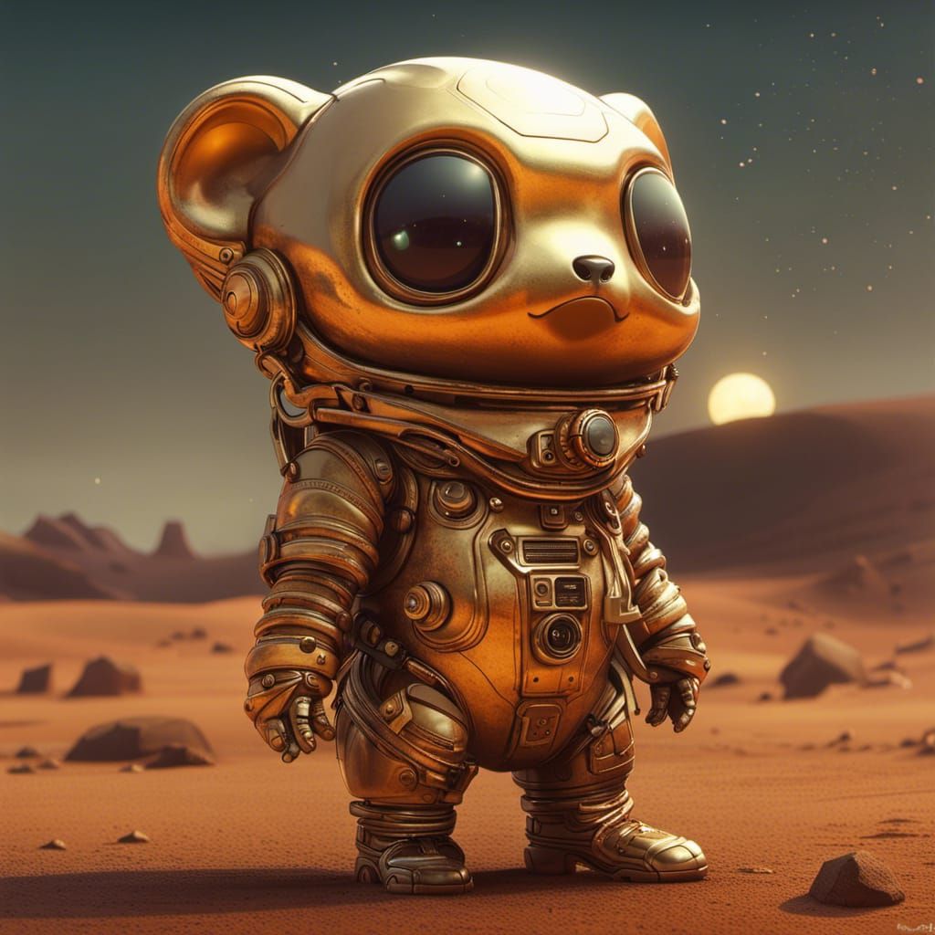 cute Chibi golden alien Bear character, mars wasteland, warm tones : by ...